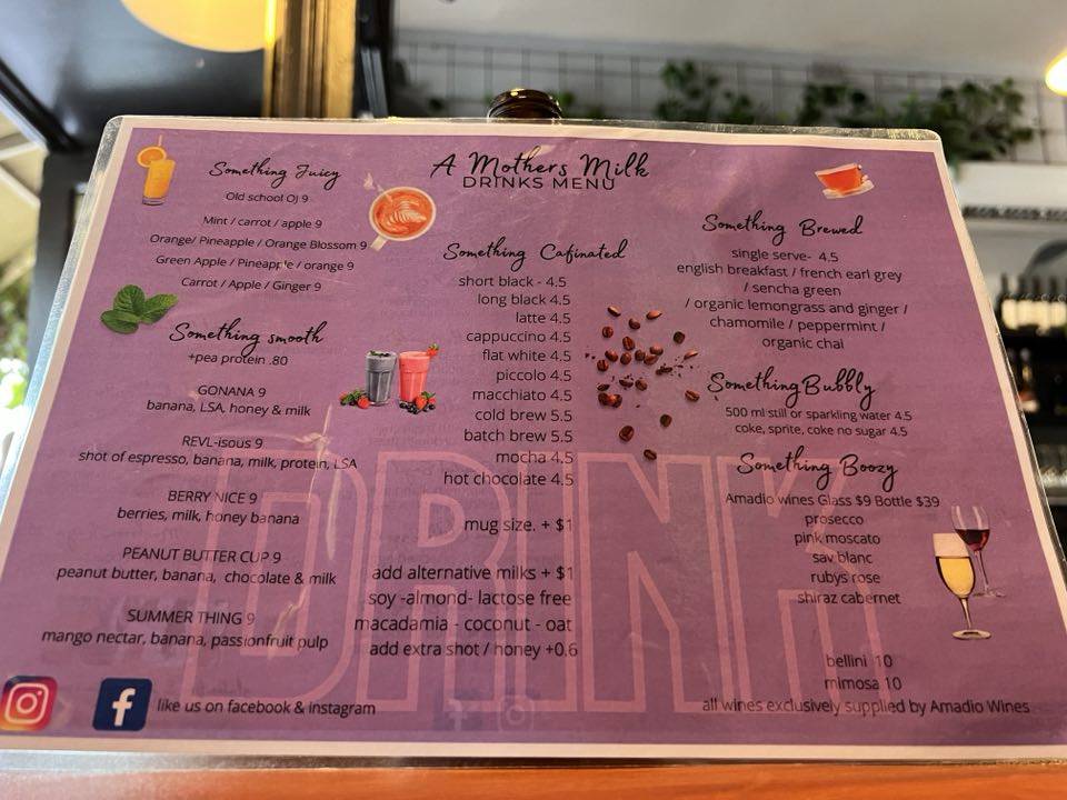Menu at A Mother's Milk Unley restaurant, Unley, 105 Unley Rd