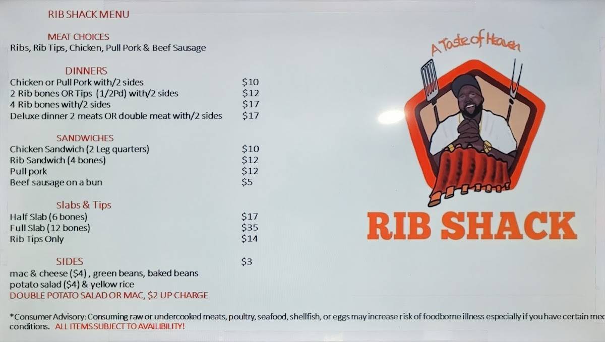 Menu at A Taste of Heaven Rib Shack restaurant, McDonough