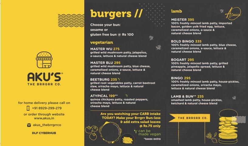 Menu at AKU's - The Burger Co. DLF CyberHub, Gurugram