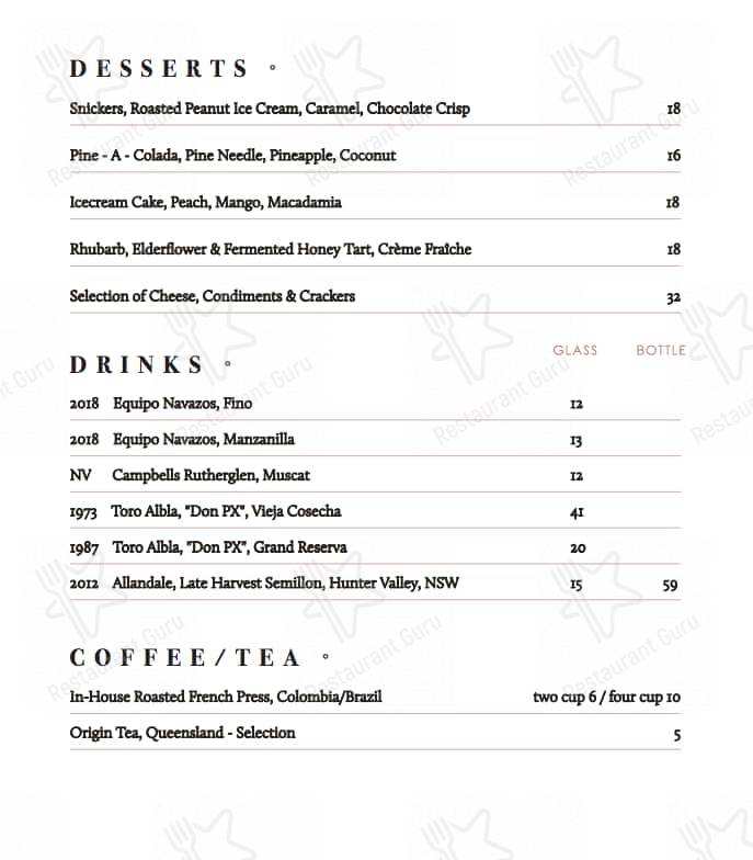 Menu at ARC Dining restaurant, Brisbane City