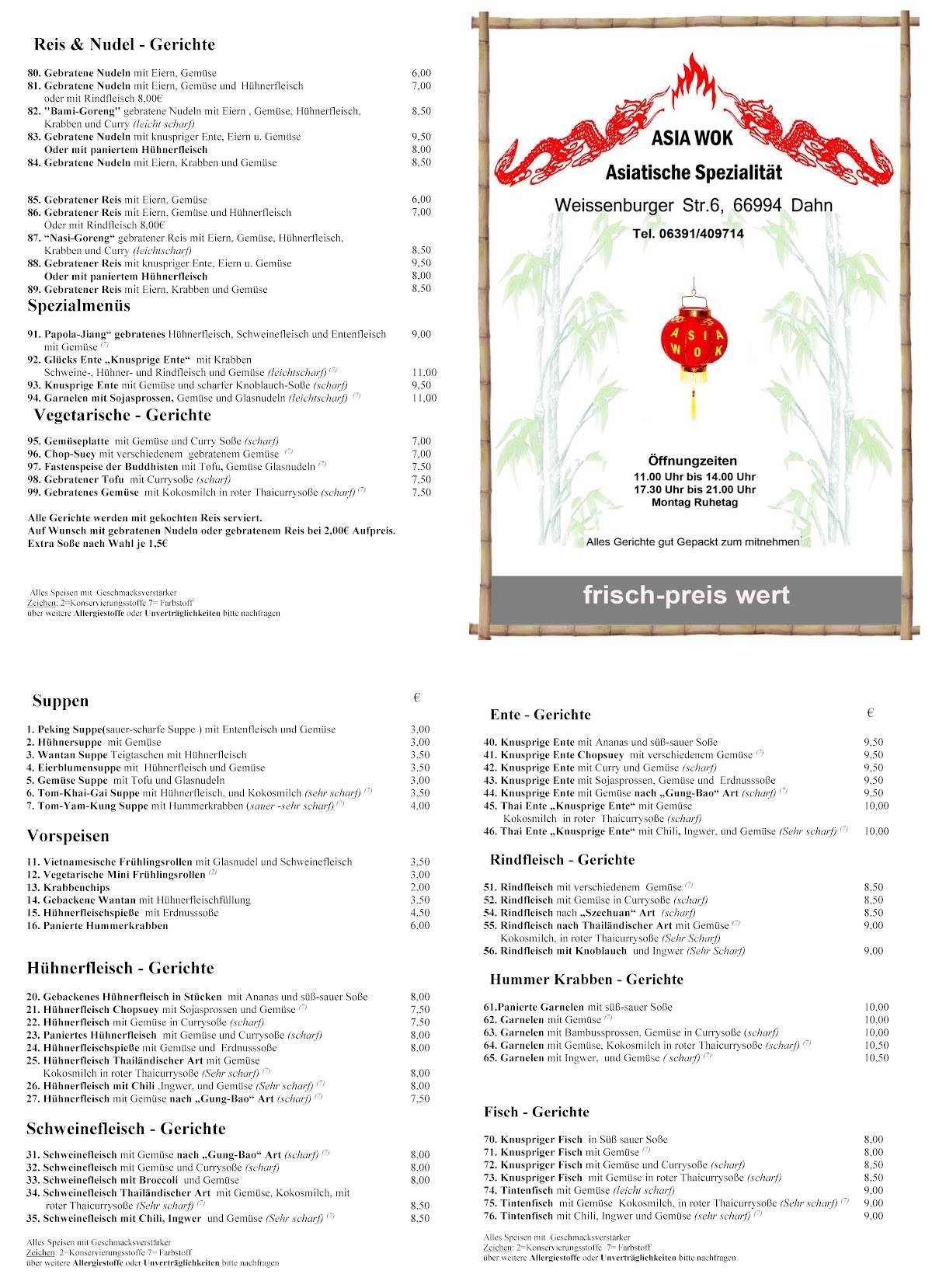 Speisekarte von ASIA WOK restaurant, Dahn
