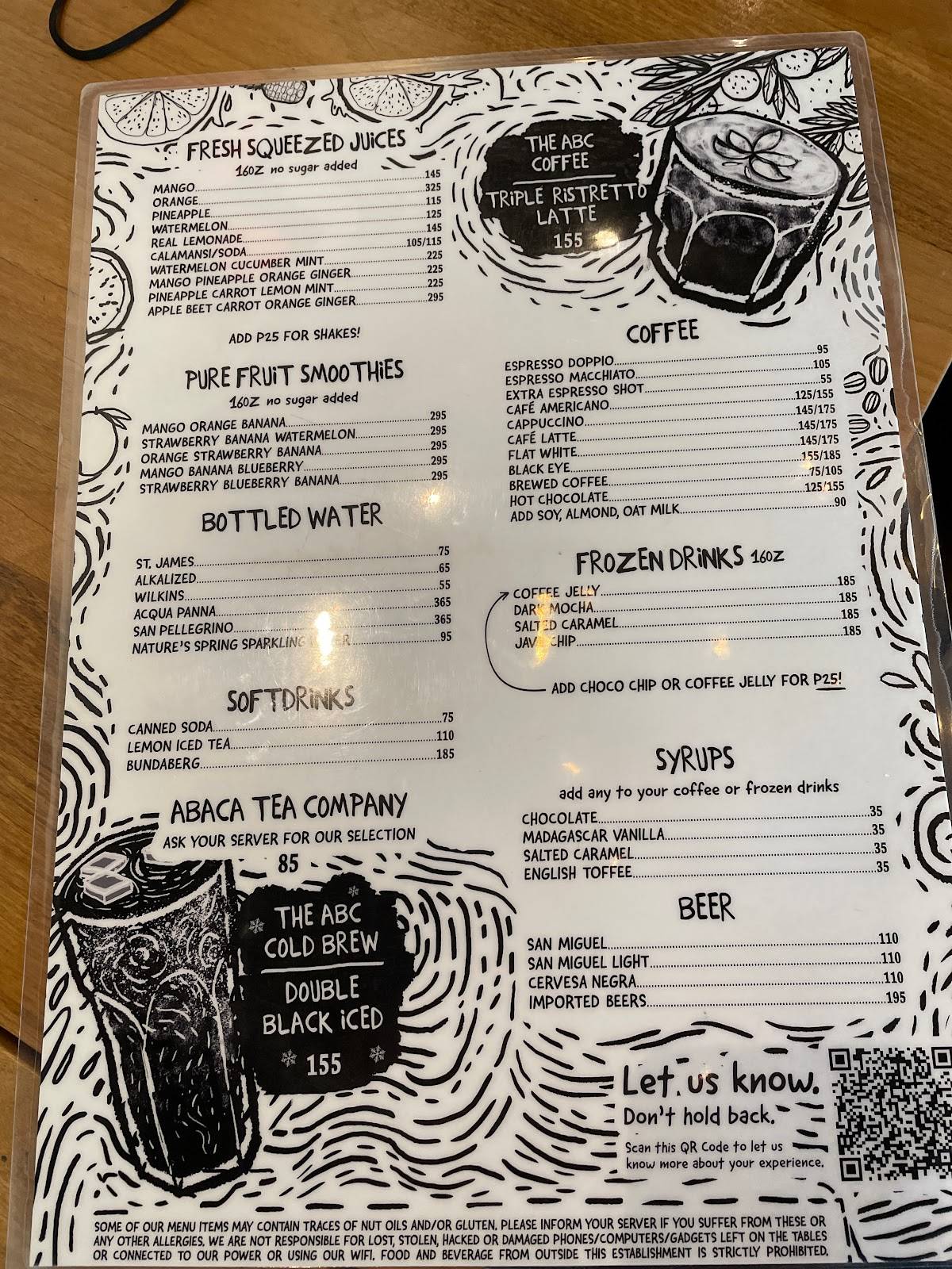 Carta del café Abaca Baking Company, Cebú, The Terraces