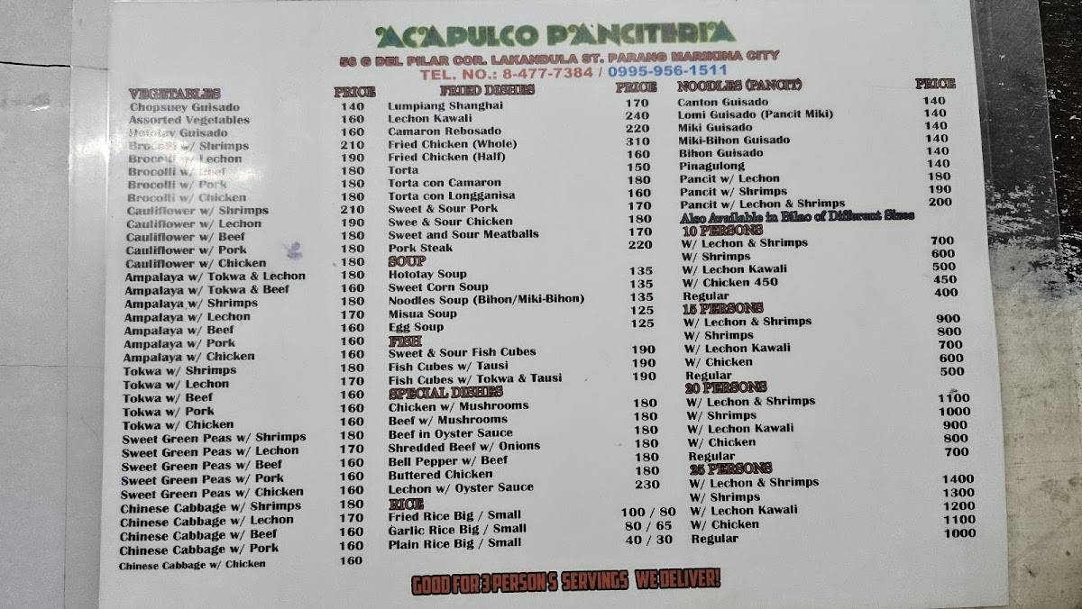 Menu at Acapulco Panciteria restaurant, Marikina, M467+76G