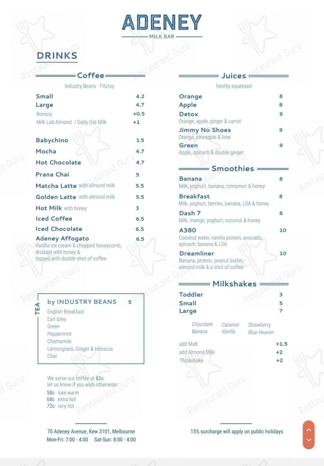 Menu at Adeney Milk Bar Cafe, Kew