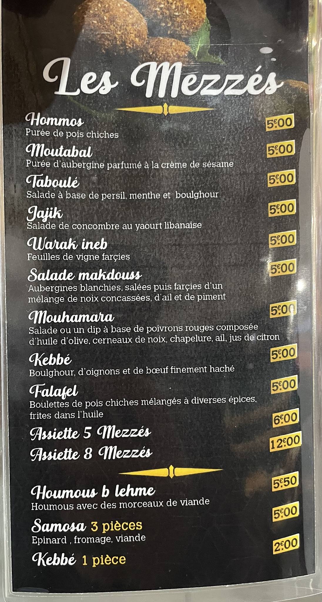 Menu au Al Bacha restaurant, Lyon