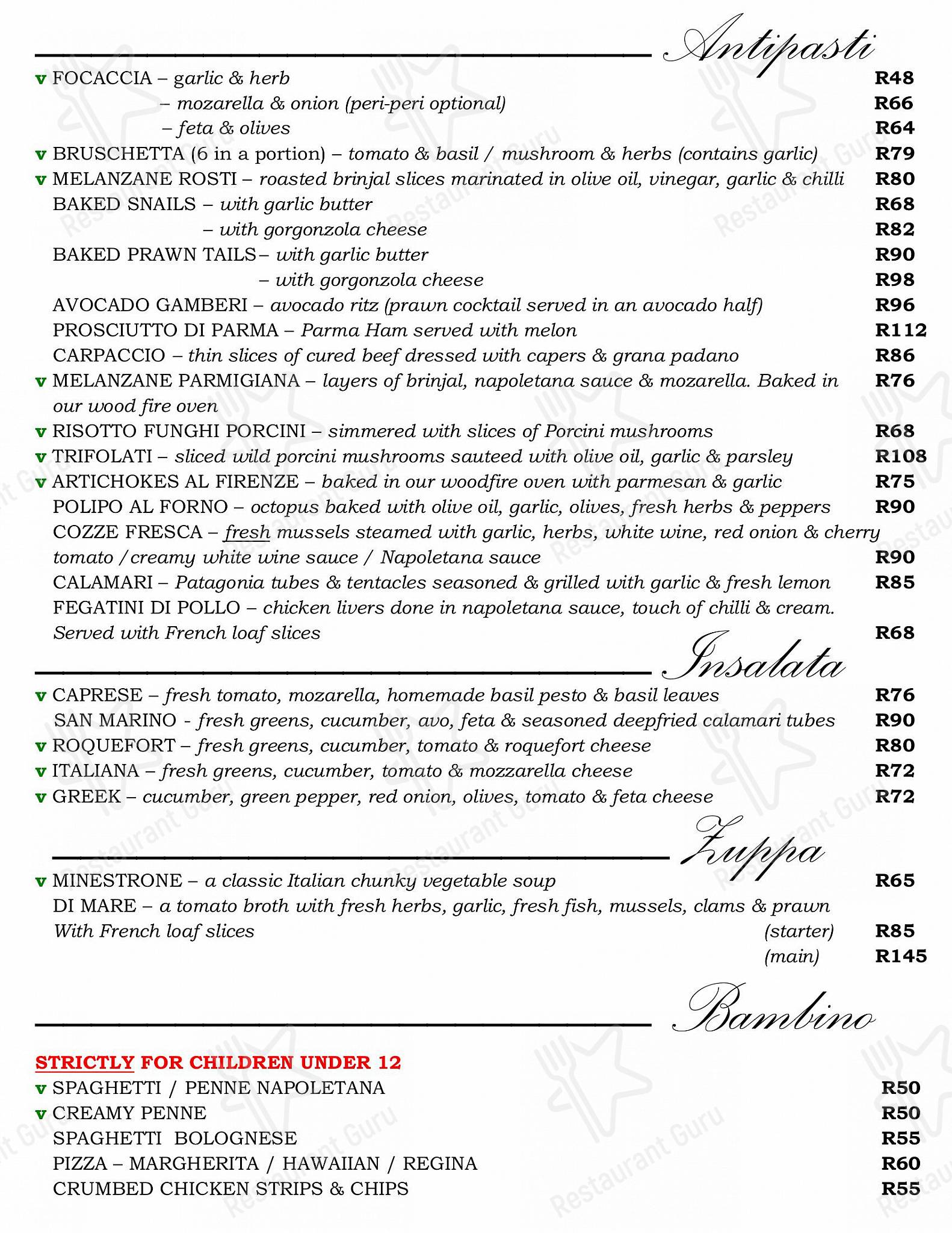 Menu at Al Firenze restaurant, Umhlanga