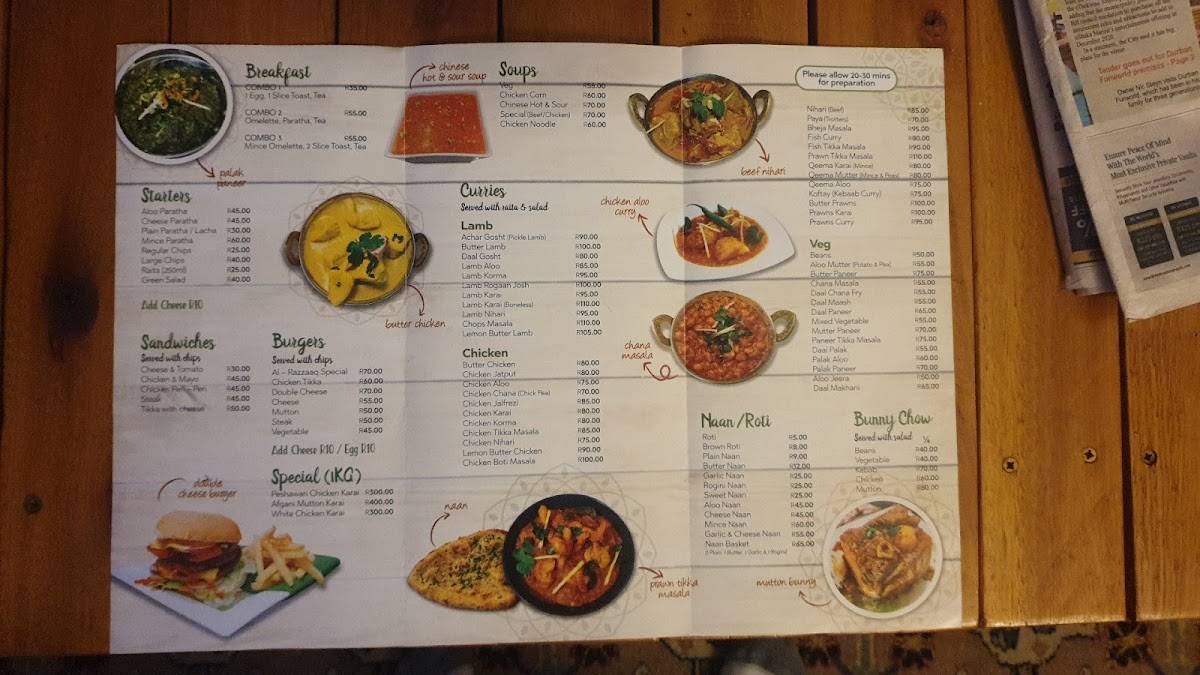 Menu at Al Razzaaq restaurant, Berea, 213 Musgrave Rd