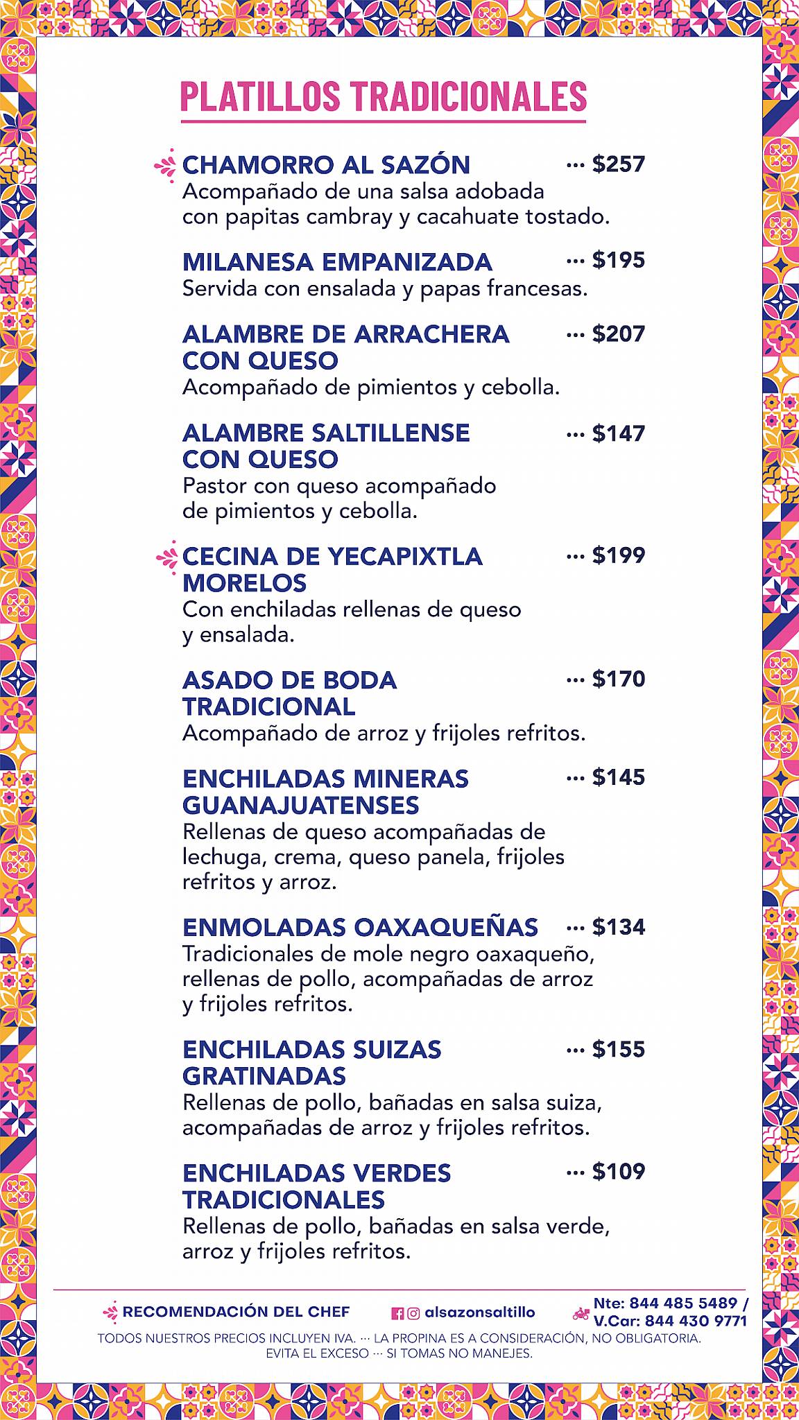 Menu at Al Sazón Mexicano Moctezuma restaurant, Saltillo