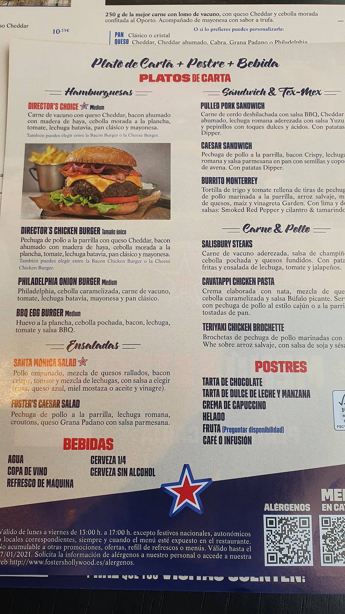 Carta del restaurante Foster's Hollywood, Alcázar del San Juan