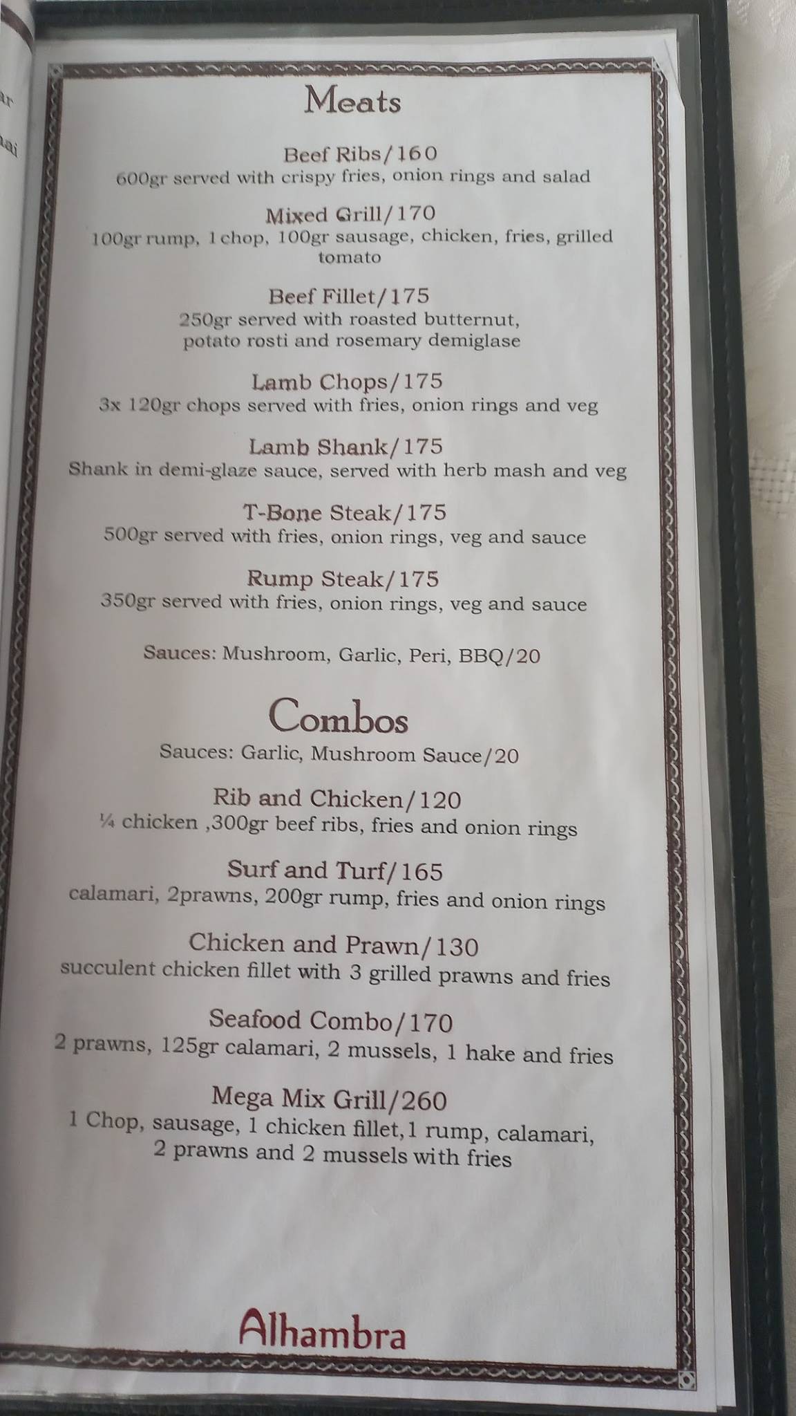 Menu at Alhambra Restaurant, Cape Town