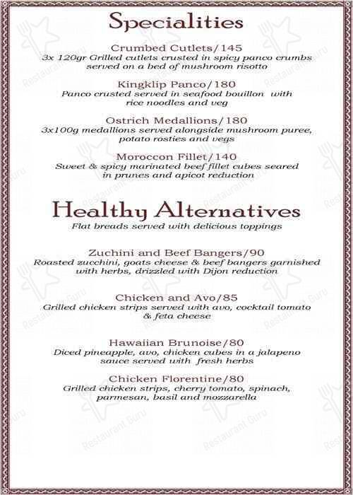 Menu at Alhambra Restaurant, Cape Town