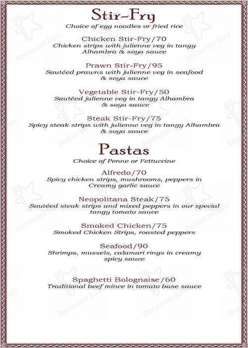 Menu at Alhambra Restaurant, Cape Town
