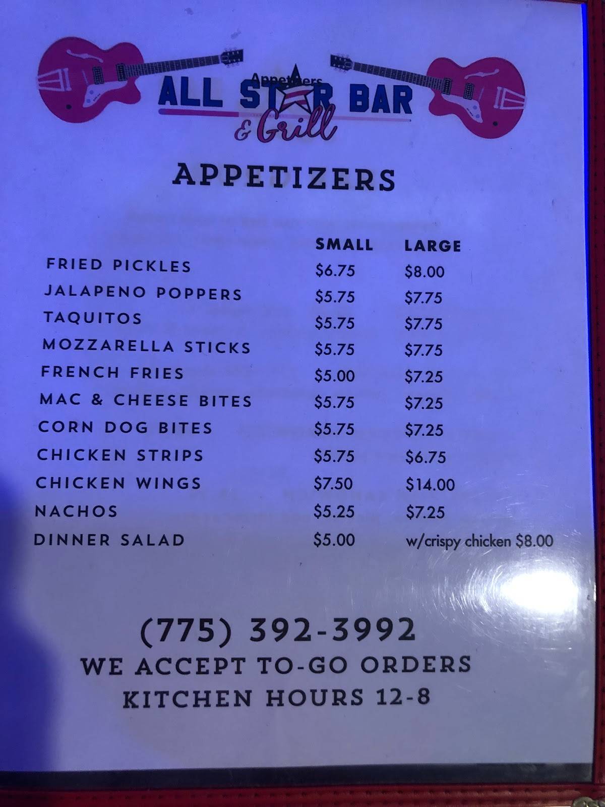 Menu at All Star Bar & Grill, Carson City