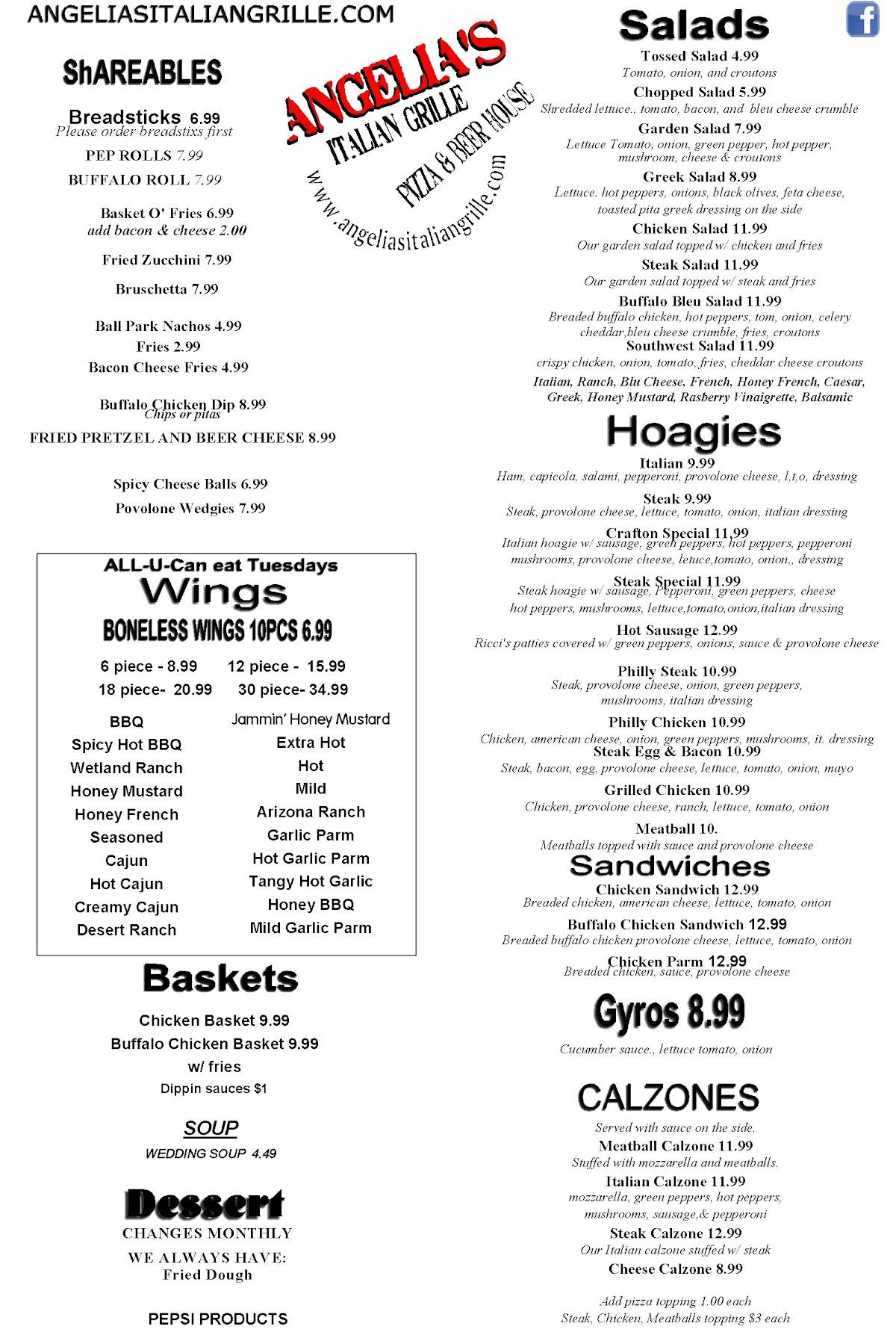 Menu at Angelia's Italian Grille pub & bar, McKees Rocks