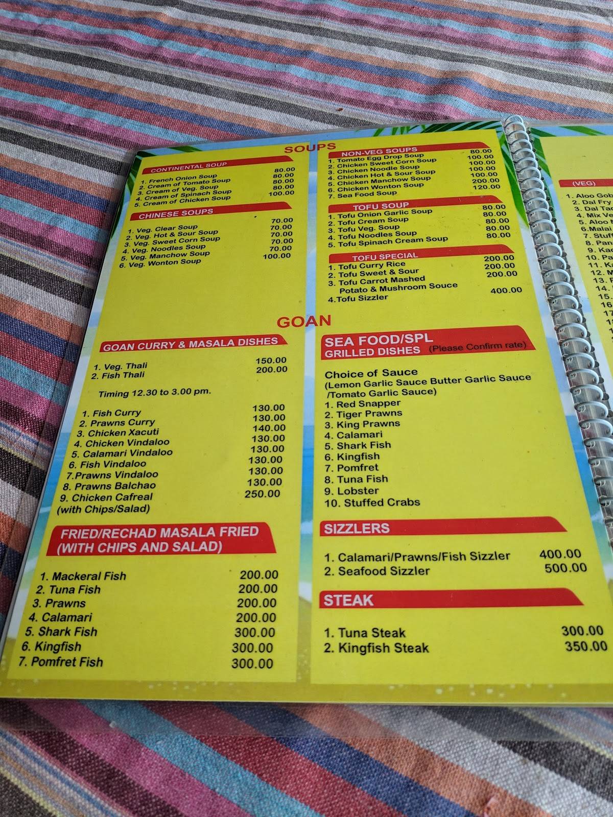 Menu at Guru Bar, Anjuna