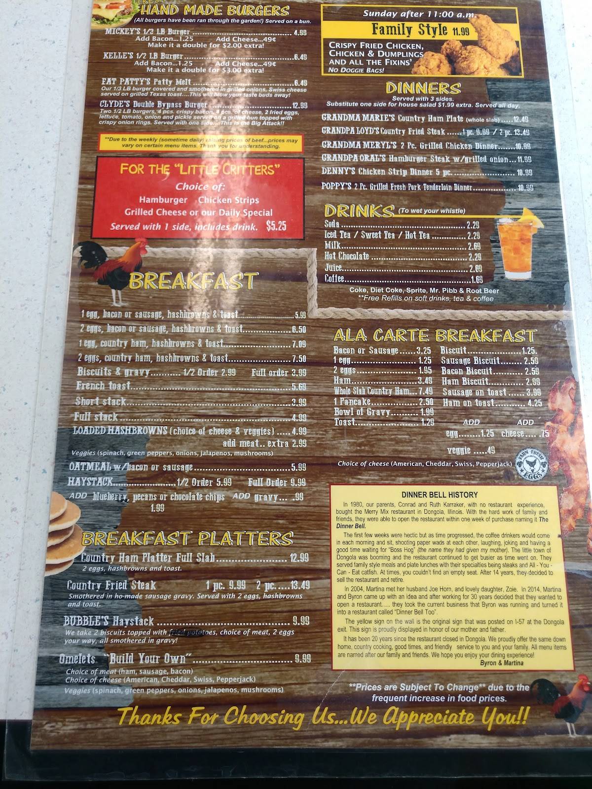 Menu at Dinner Bell Too restaurant, Anna, 410 E Vienna St