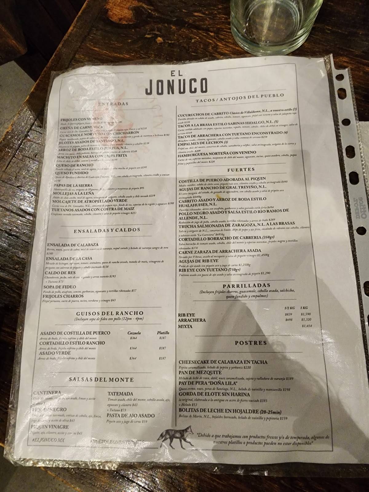 Carta del restaurante El Jonuco, Apodaca