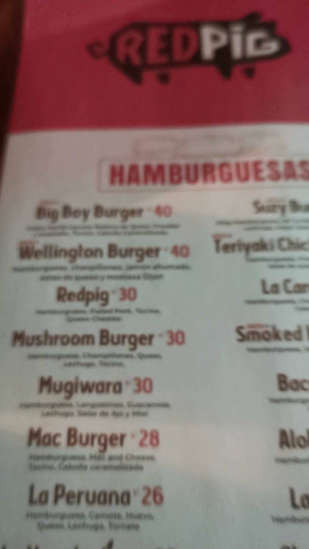 Carta del restaurante Red Pig, Arequipa