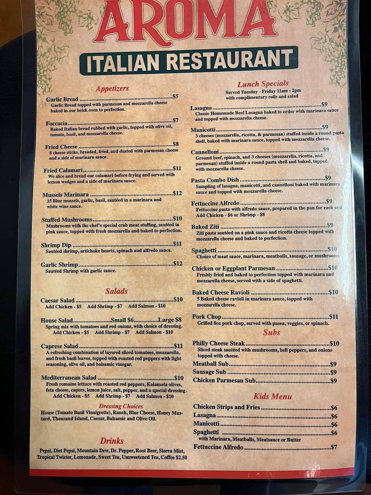 Menu at Aroma restaurant, Diamondhead
