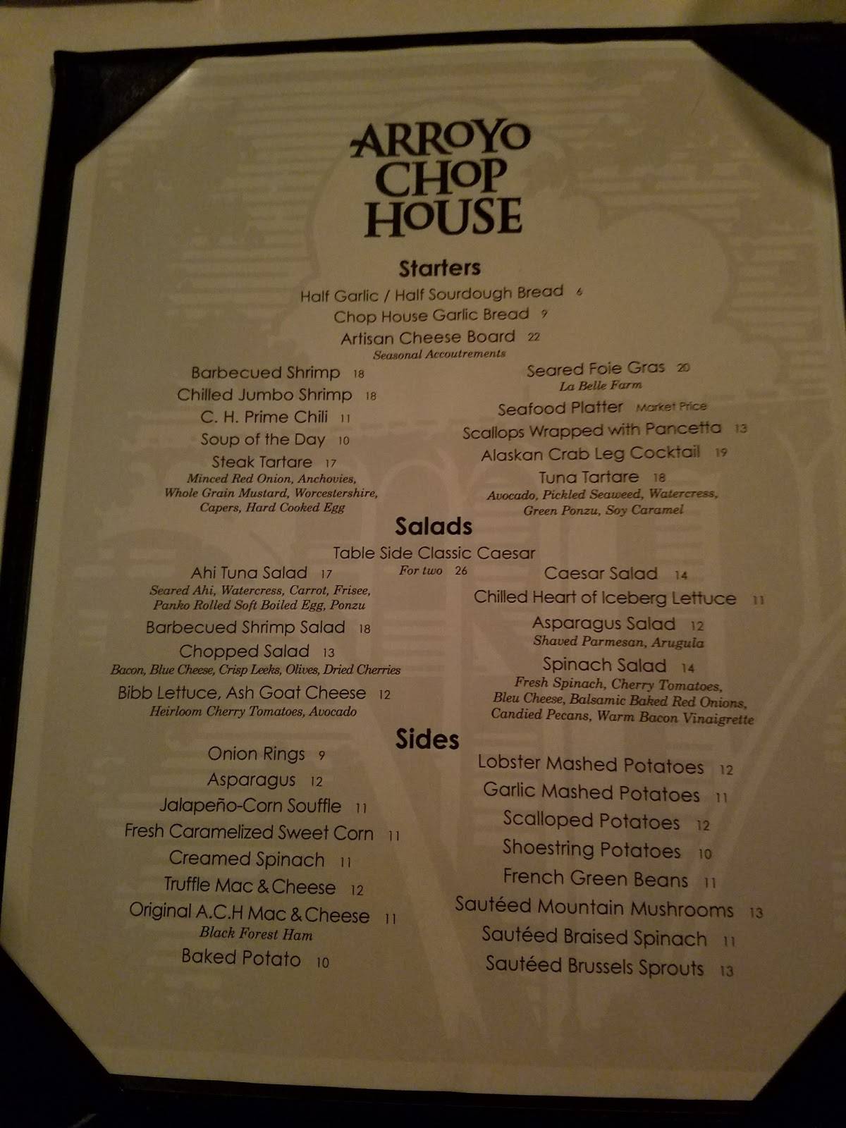 Menu at Arroyo Chop House pub & bar, Pasadena