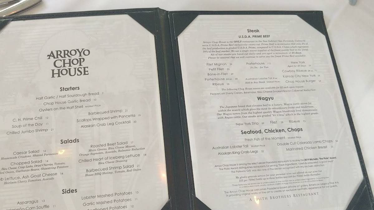 Menu at Arroyo Chop House pub & bar, Pasadena