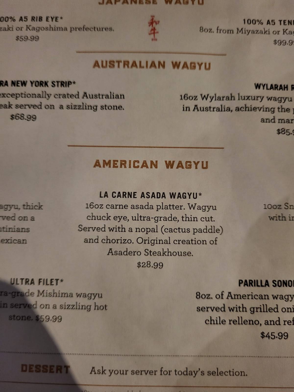 Menu at Asadero Prime steakhouse, Kent, 310 Washington Ave N