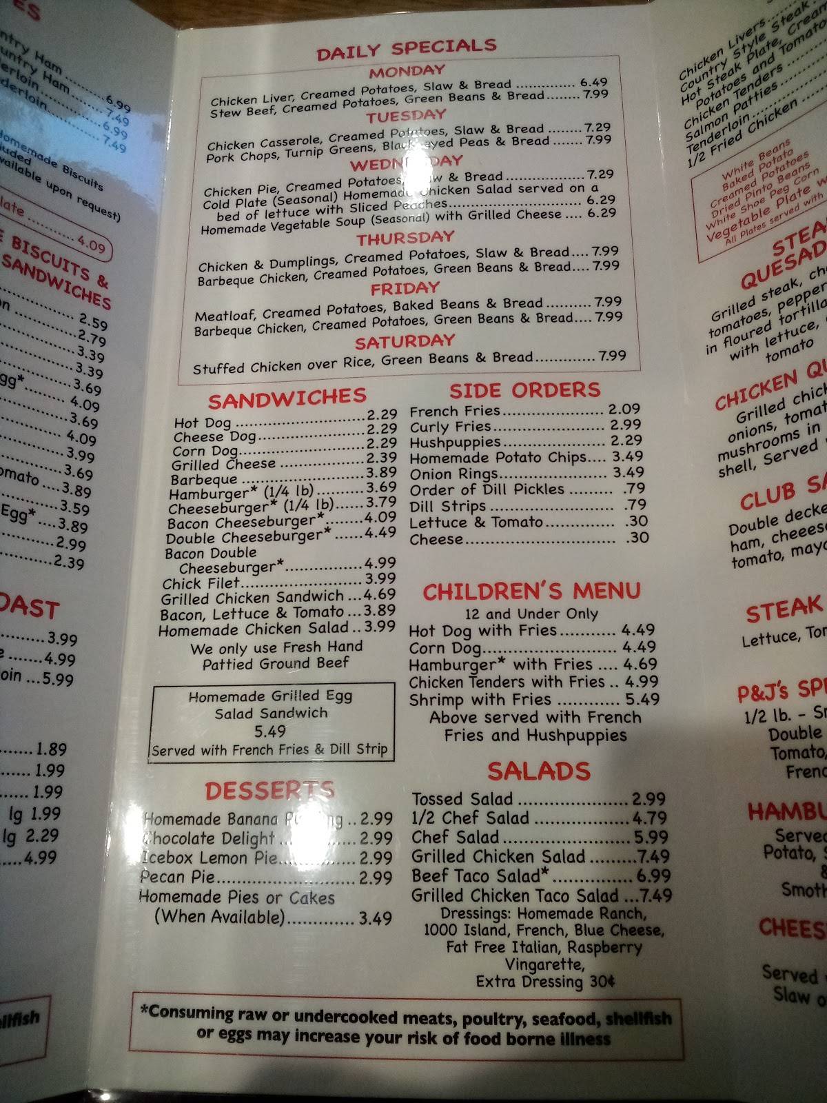 Menu at P & J's Diner restaurant, Asheboro