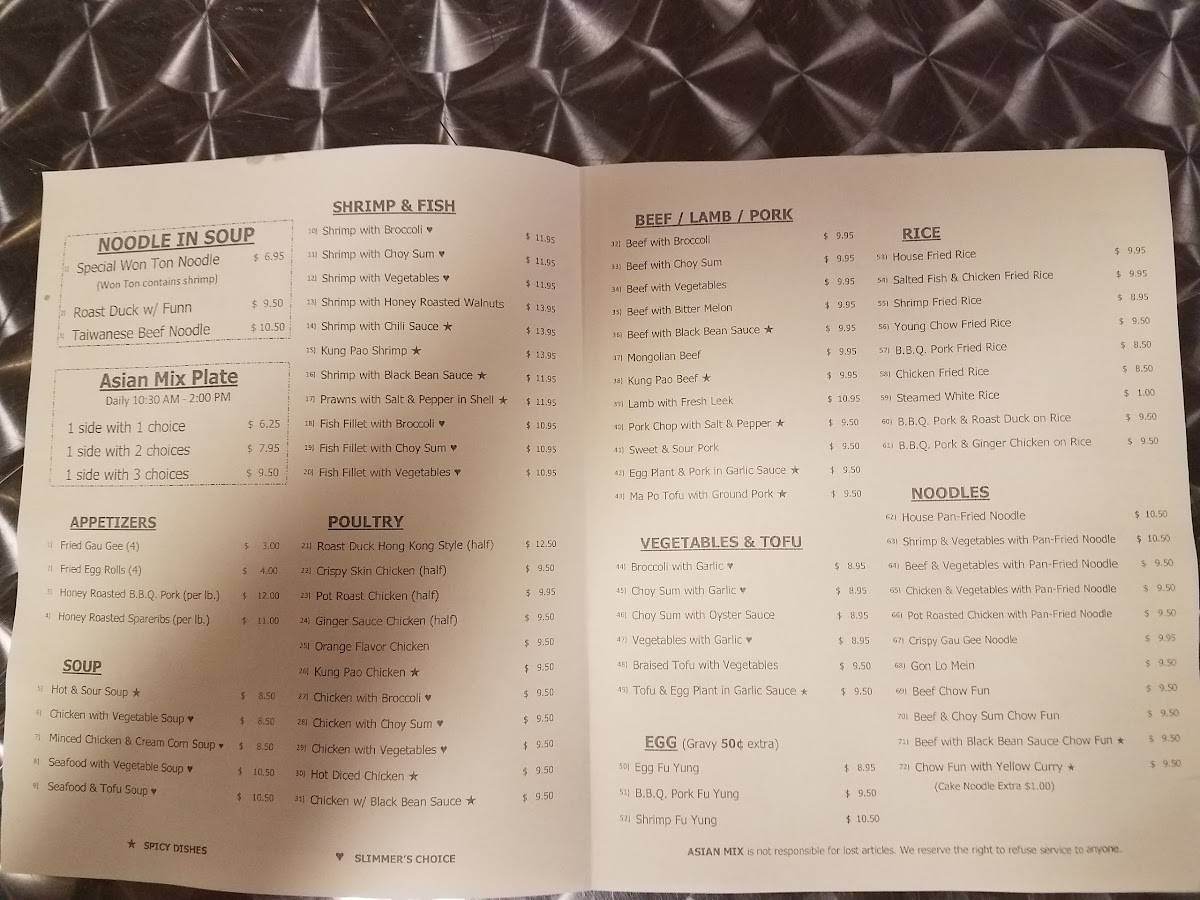 Menu at Asian Mix fast food, Honolulu, 1234 S Beretania St.