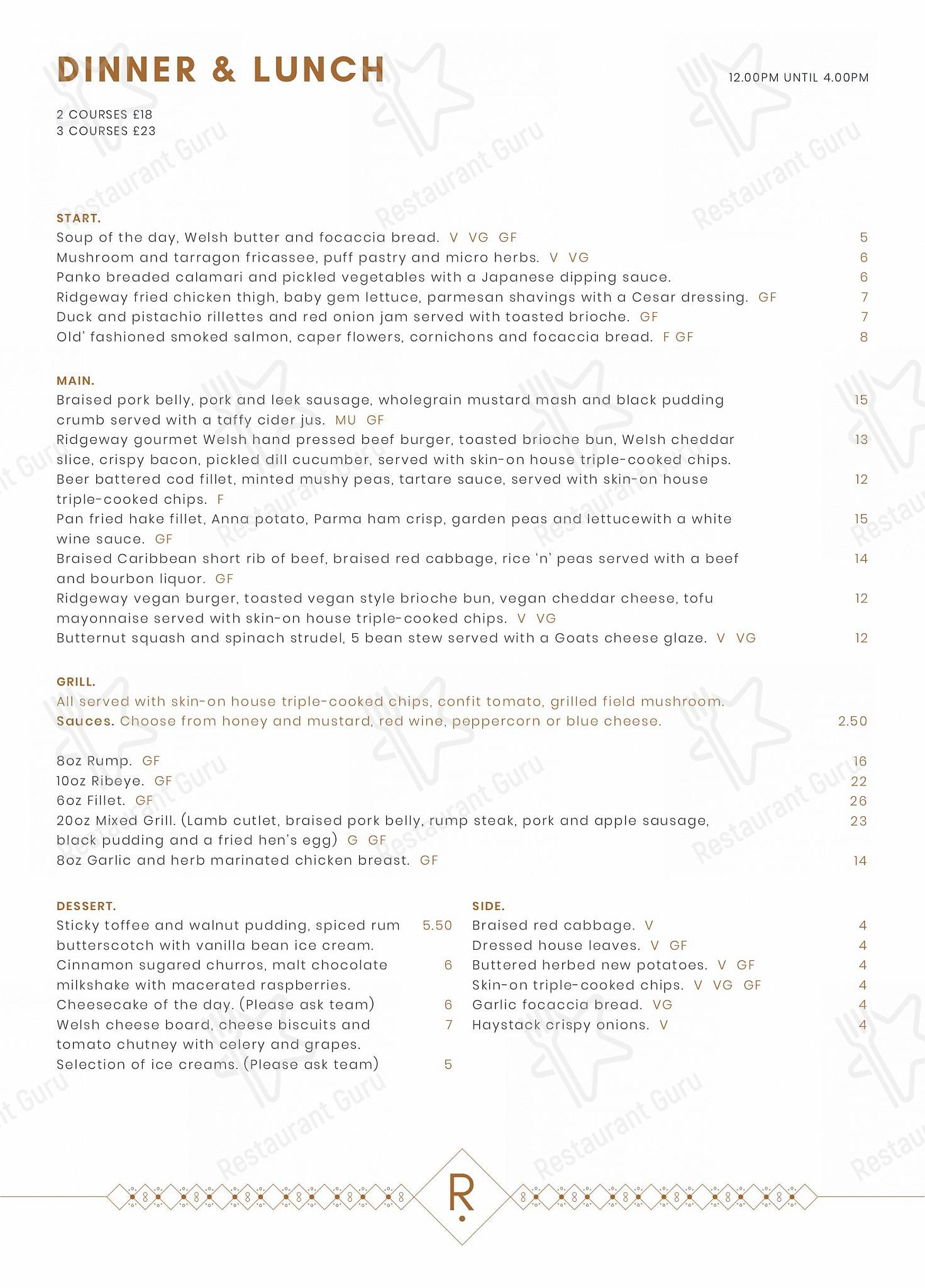 Menu at The Ridgeway pub & bar, Newport