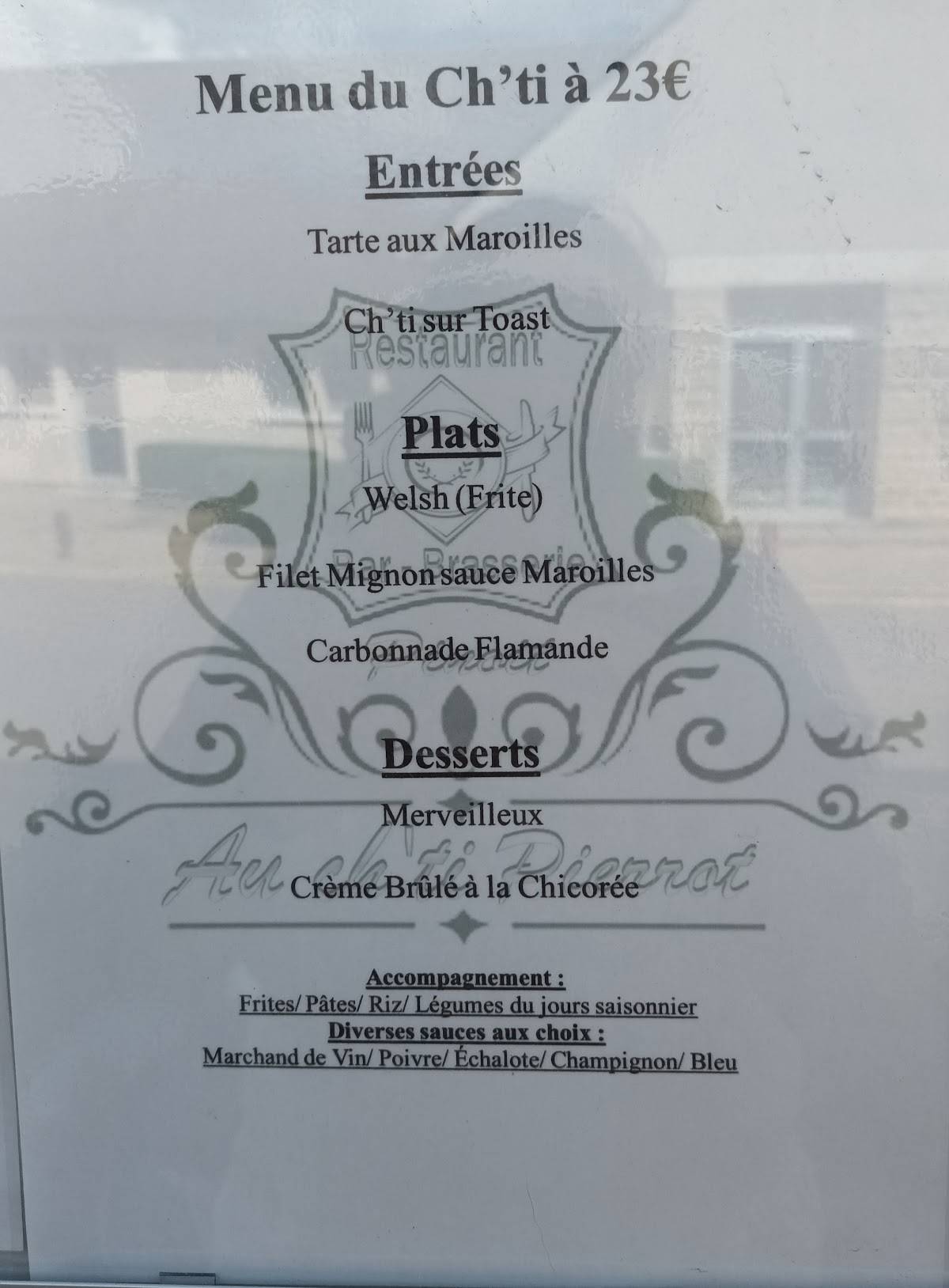 Menu au Au Ch'ti Pierrot restaurant, Allouis
