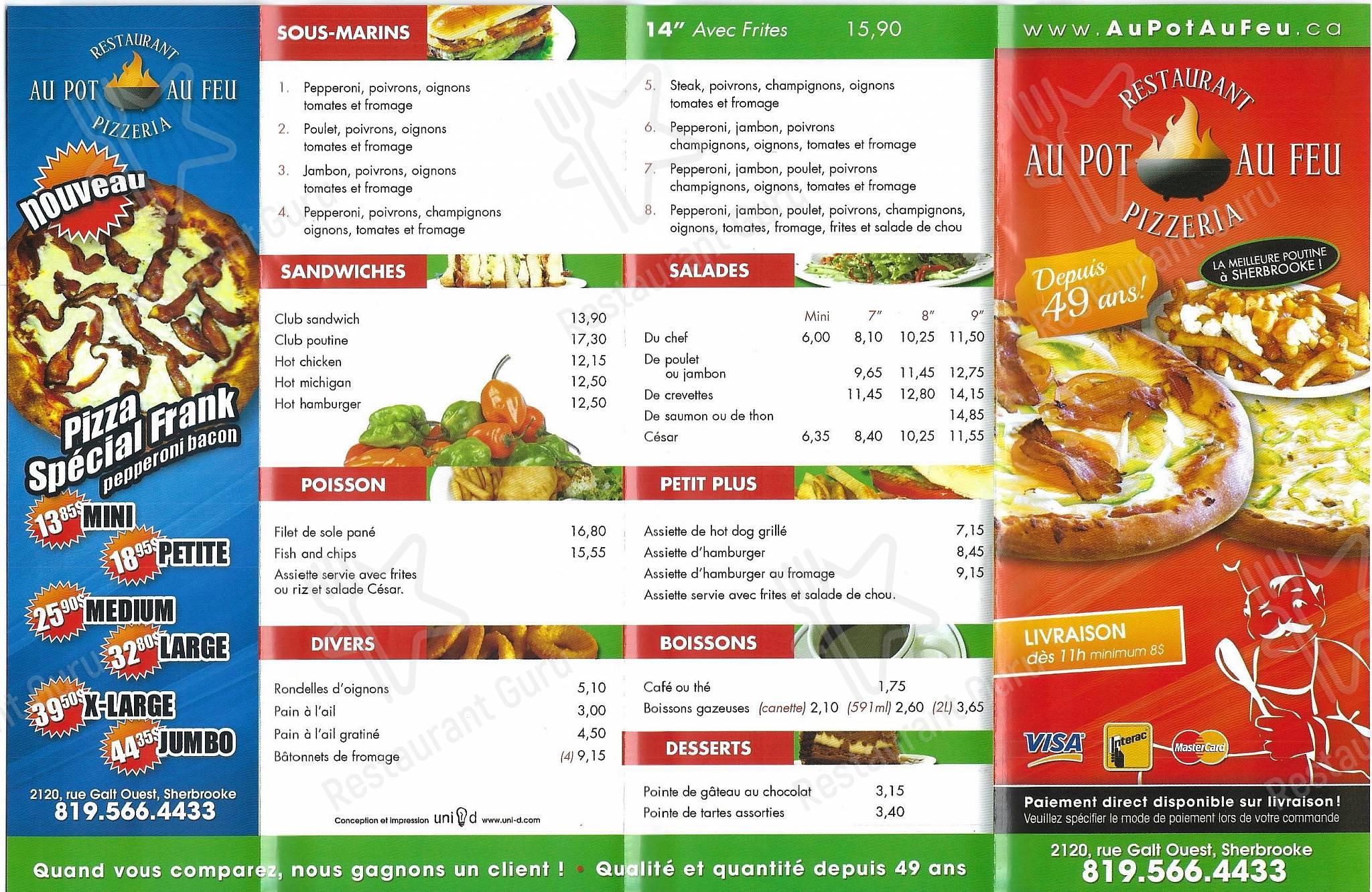 Menu au Restaurant Au Pot Au Feu Pizza, Sherbrooke