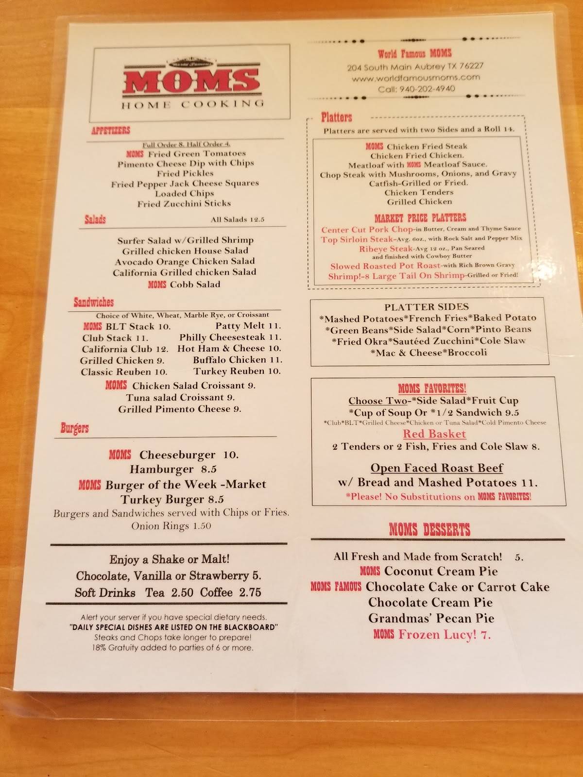Menu at World Famous MOMS restaurant, Aubrey