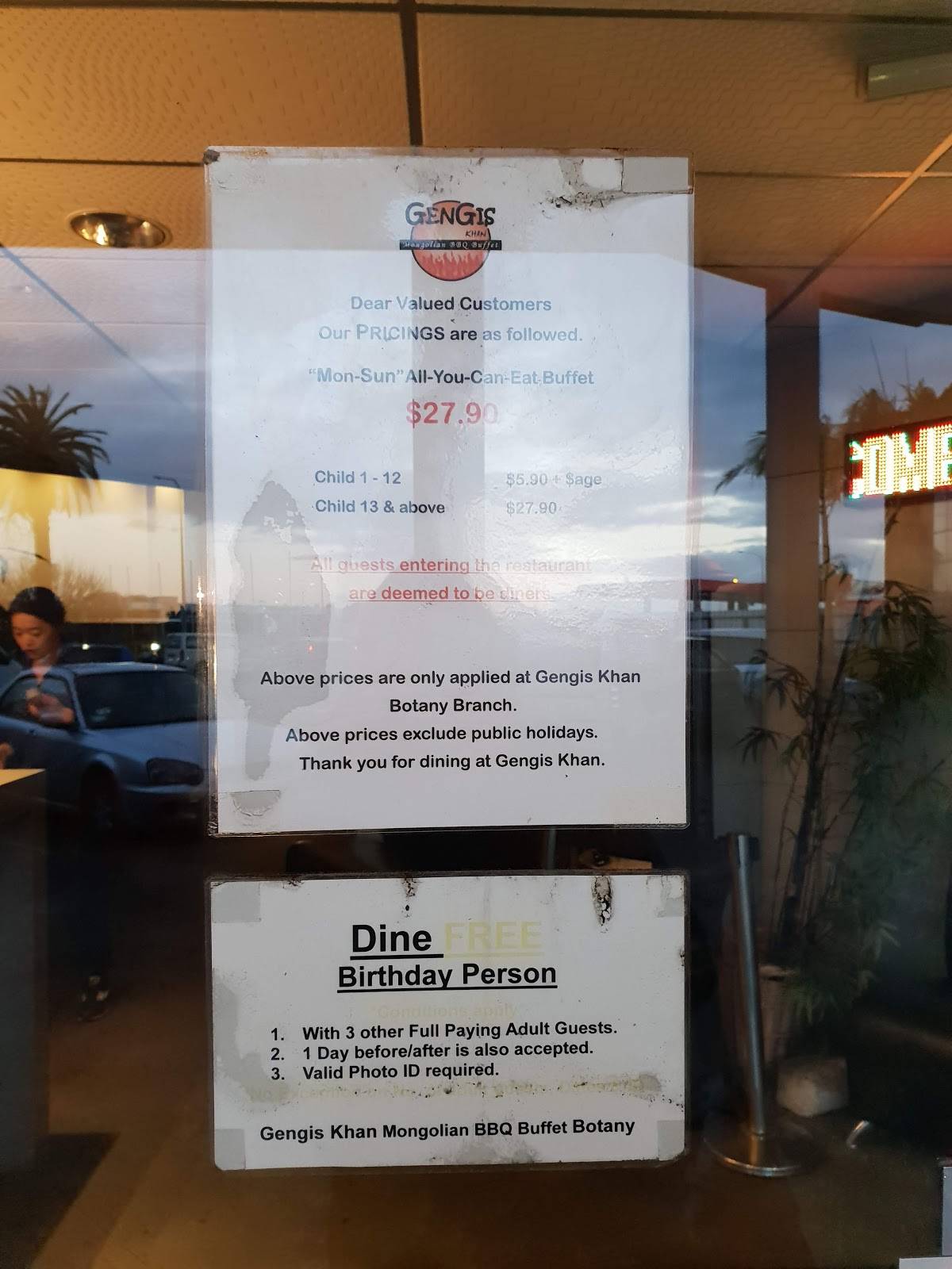 Menu at Genghis Khan restaurant, Auckland, 317 Ti Rakau Dr