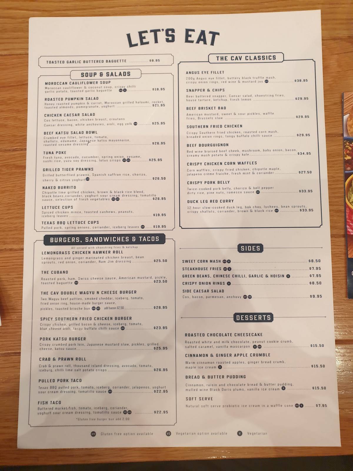 Menu at The Cav pub & bar, Auckland