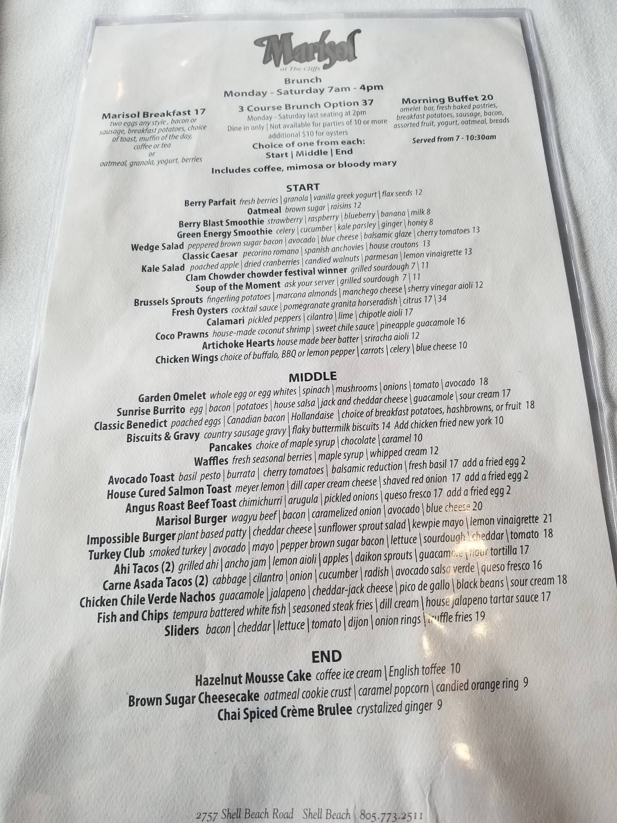 Menu at Marisol at The Cliffs restaurant, Pismo Beach