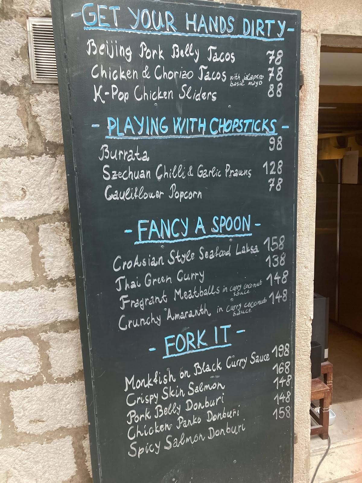 Menu at Azur restaurant, Dubrovnik