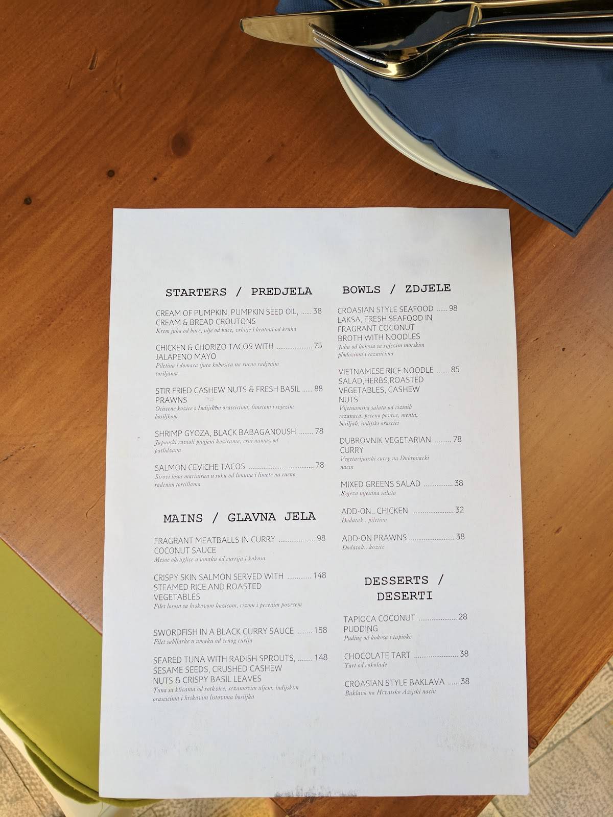 Menu at Azur restaurant, Dubrovnik