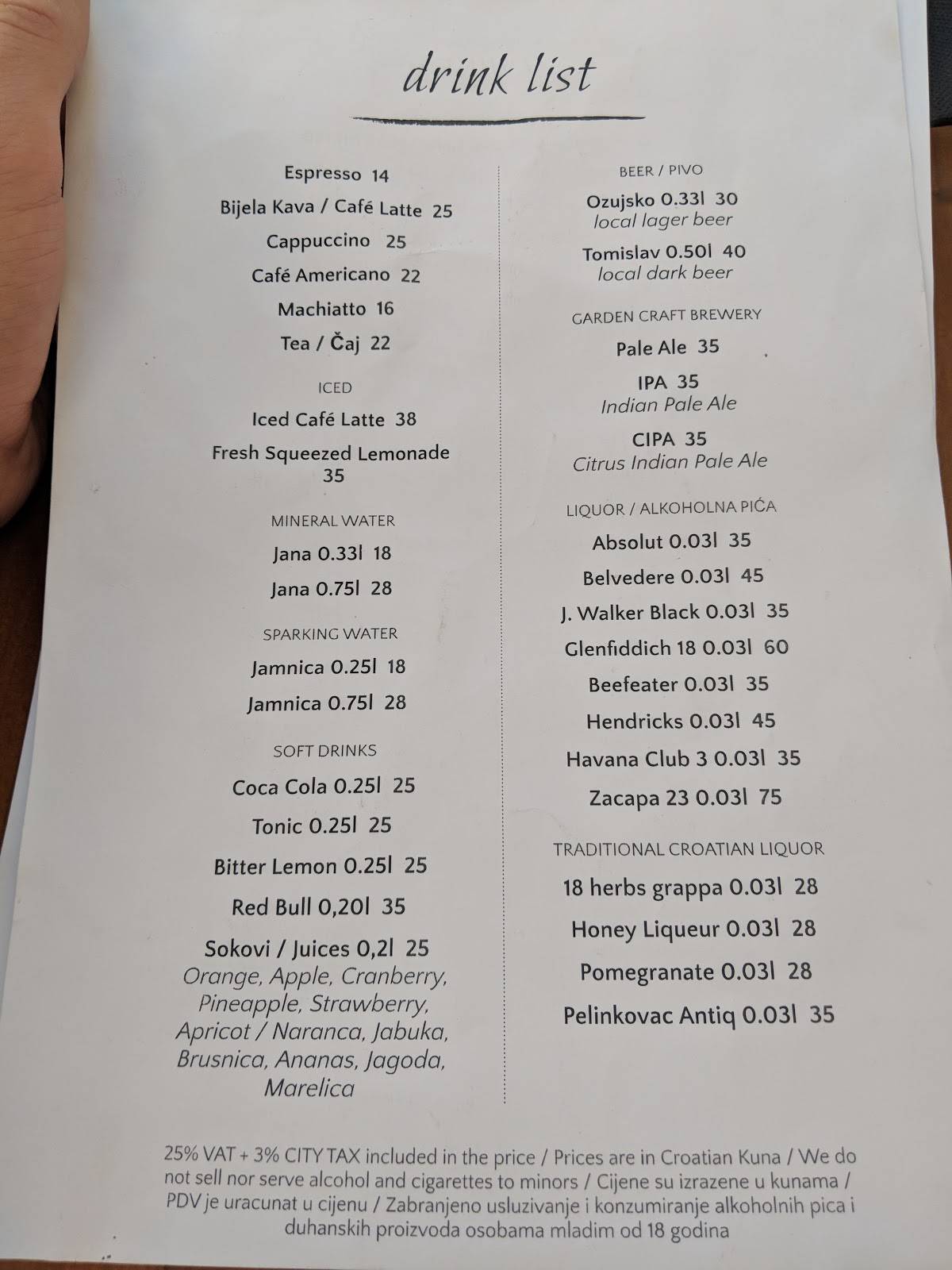 Menu at Azur restaurant, Dubrovnik