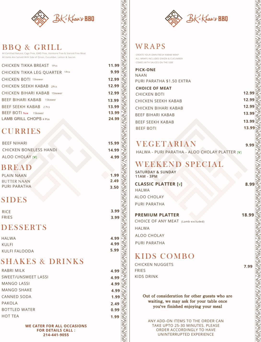 Menu at BK Khan BBQ, Farmers Branch