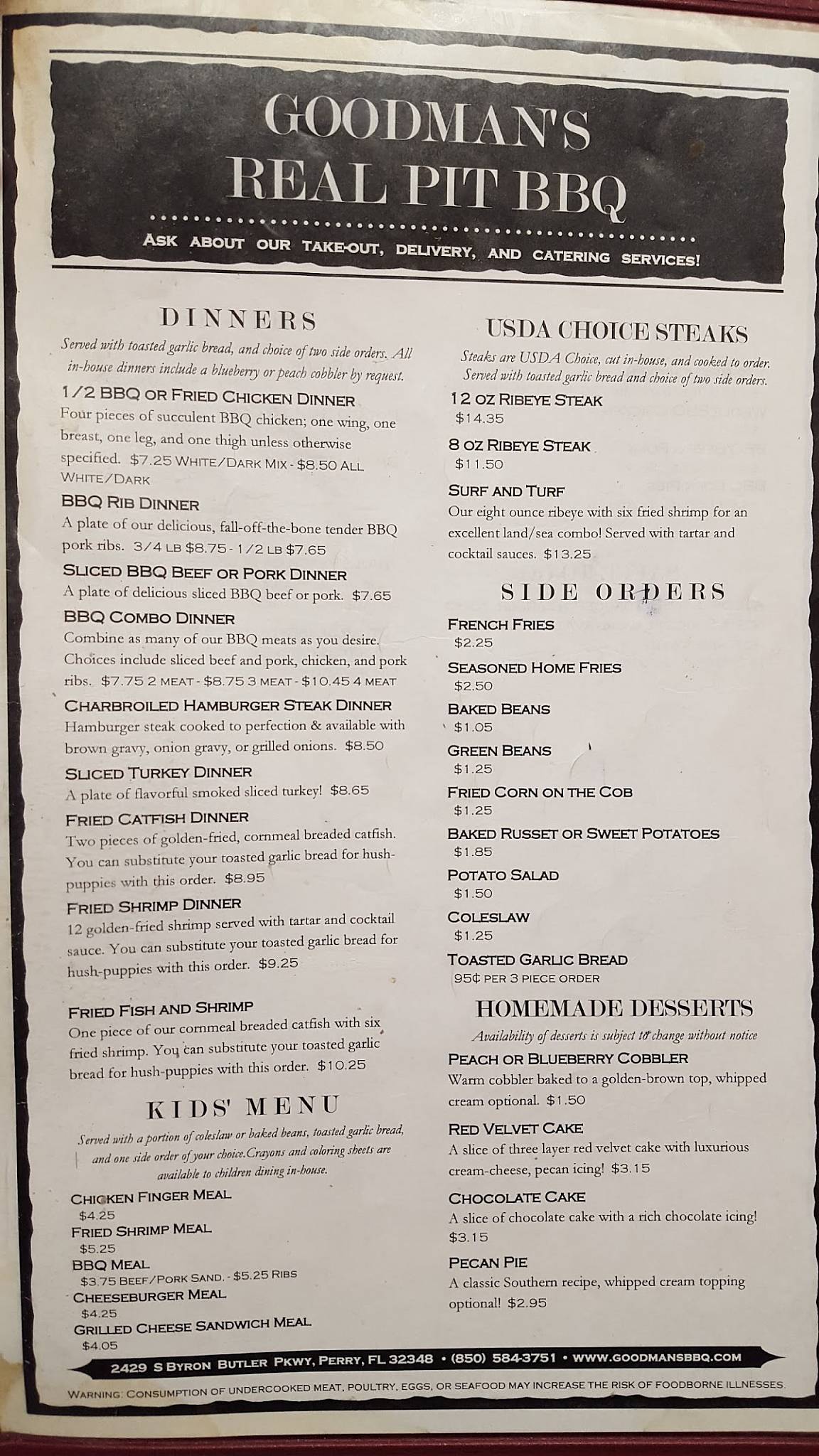 Menu at Goodman's Real Pit BBQ, Perry