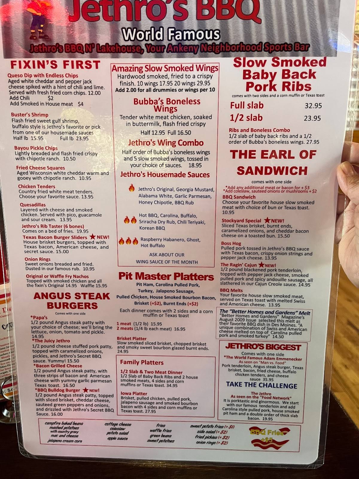 Menu at Jethro’s BBQ n’ LakeHouse, Ankeny