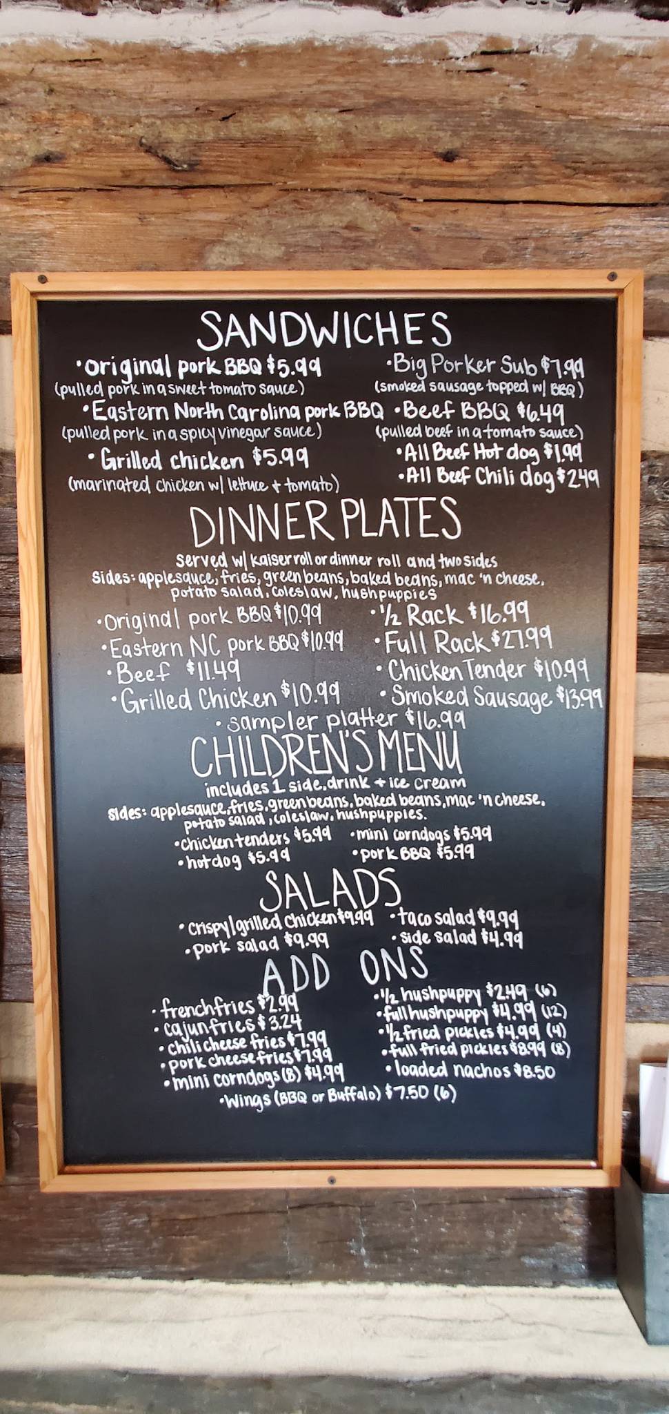 Menu at Log Cabin Barbecue, McGaheysville, Spotswood Trail