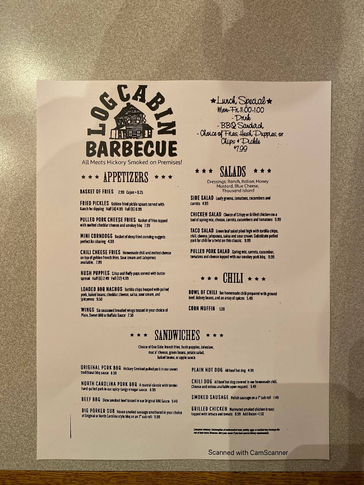 Menu at Log Cabin Barbecue, McGaheysville, Spotswood Trail