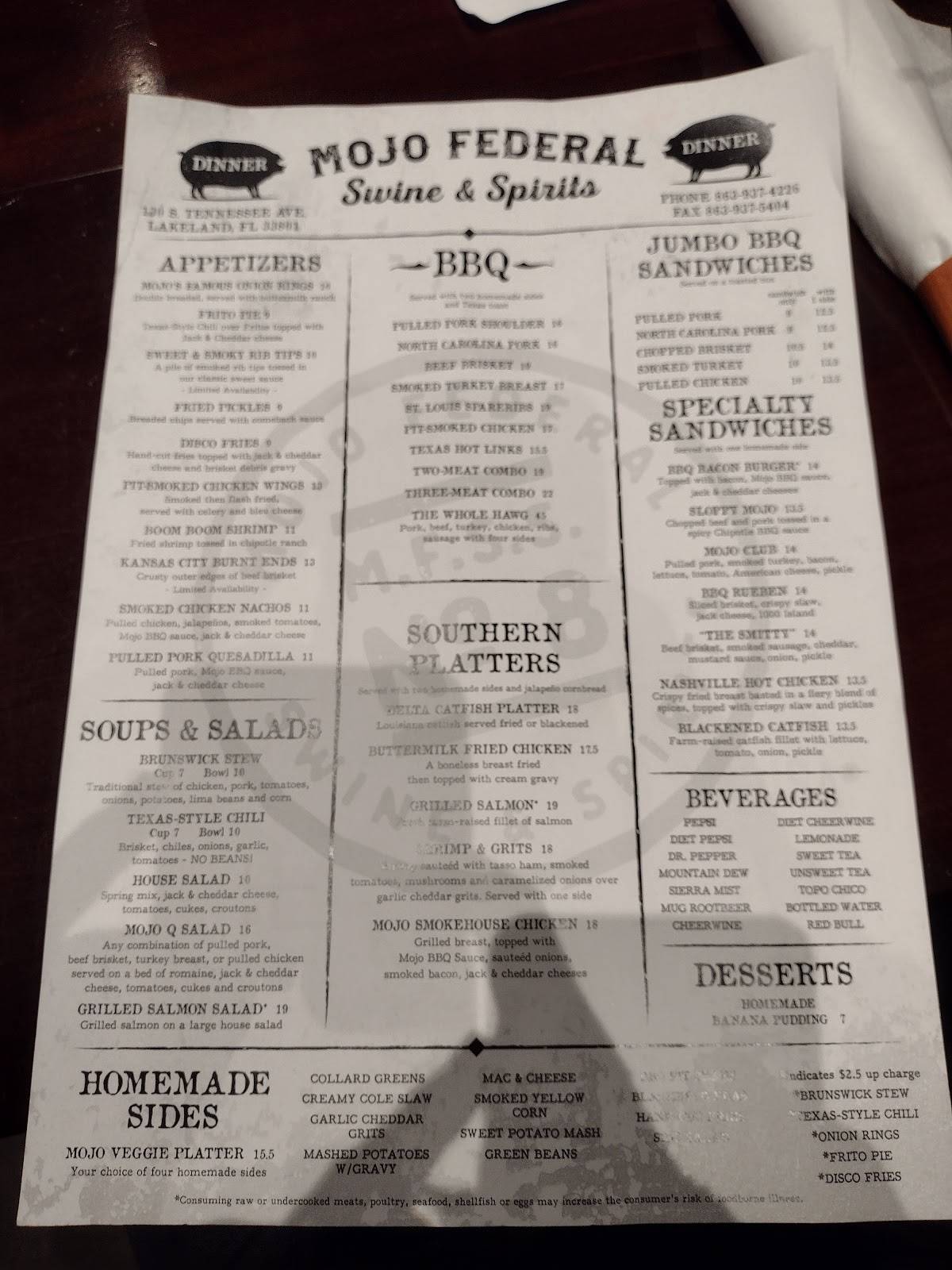 Menu at Mojo Federal Swine & Spirits BBQ, Lakeland