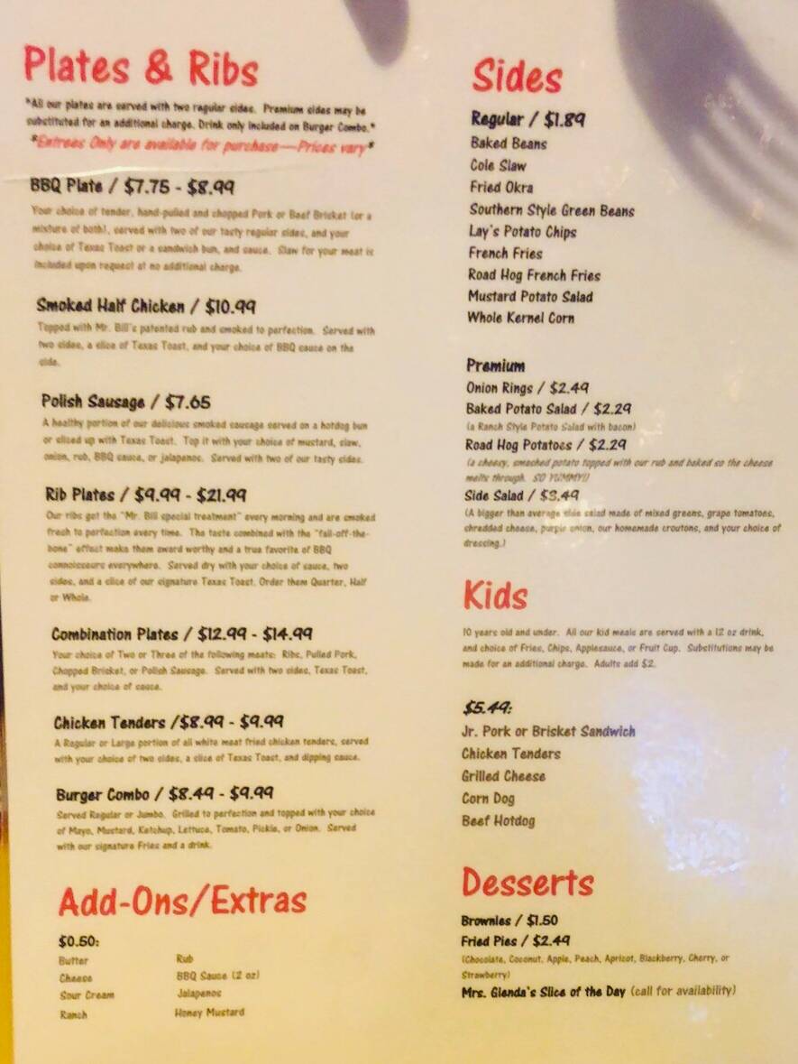 Menu at Suttle's Road Hog BBQ, Beebe