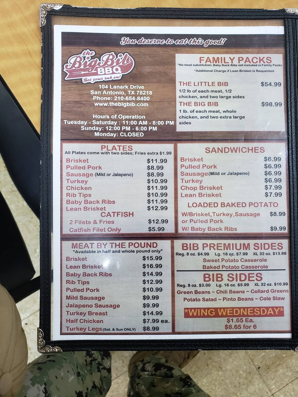 Menu at The Big Bib BBQ, San Antonio, 104 Lanark Dr