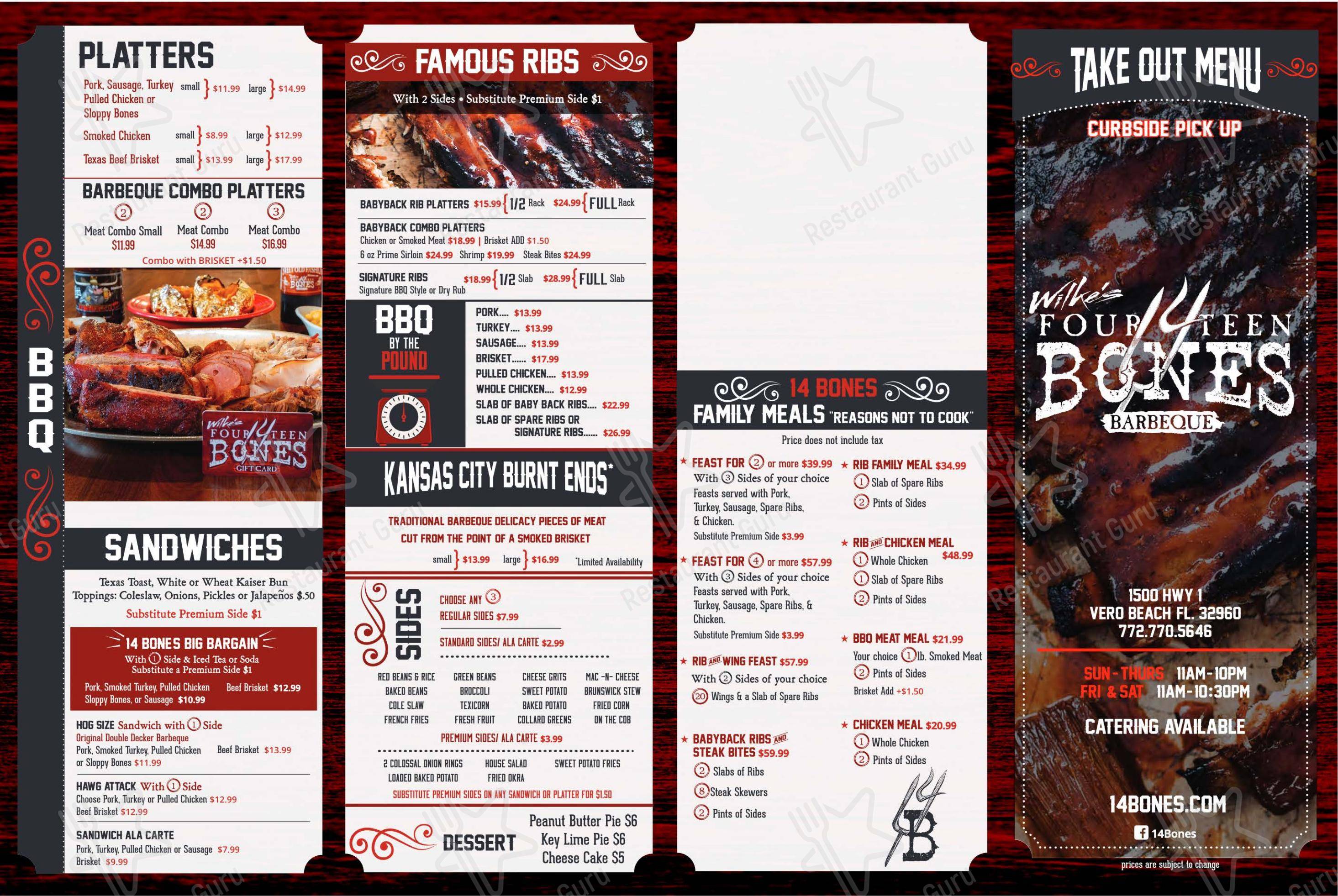 Menu at Wilke's 14 Bones BBQ, Vero Beach