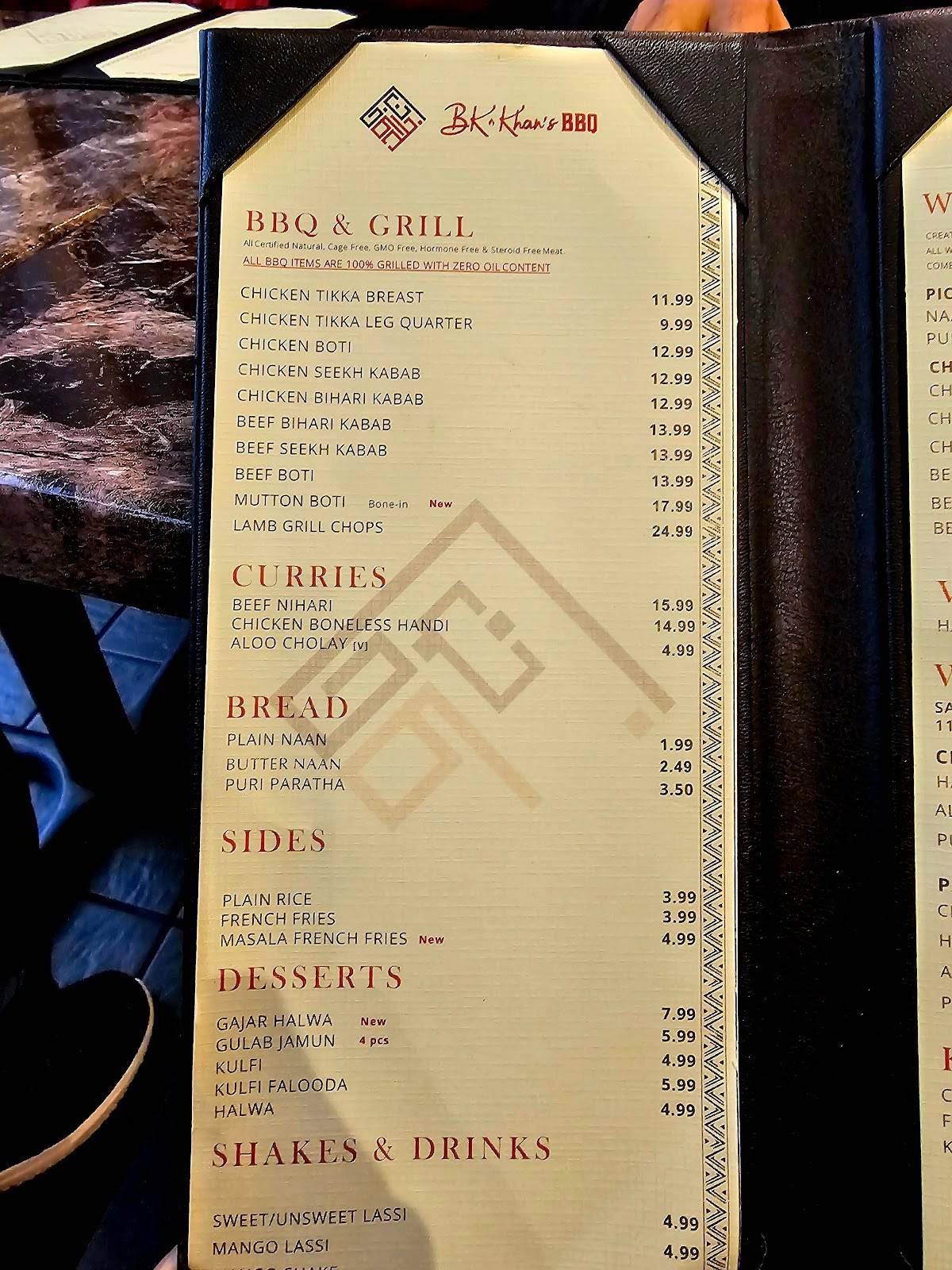 Menu at BK Khan BBQ, Farmers Branch