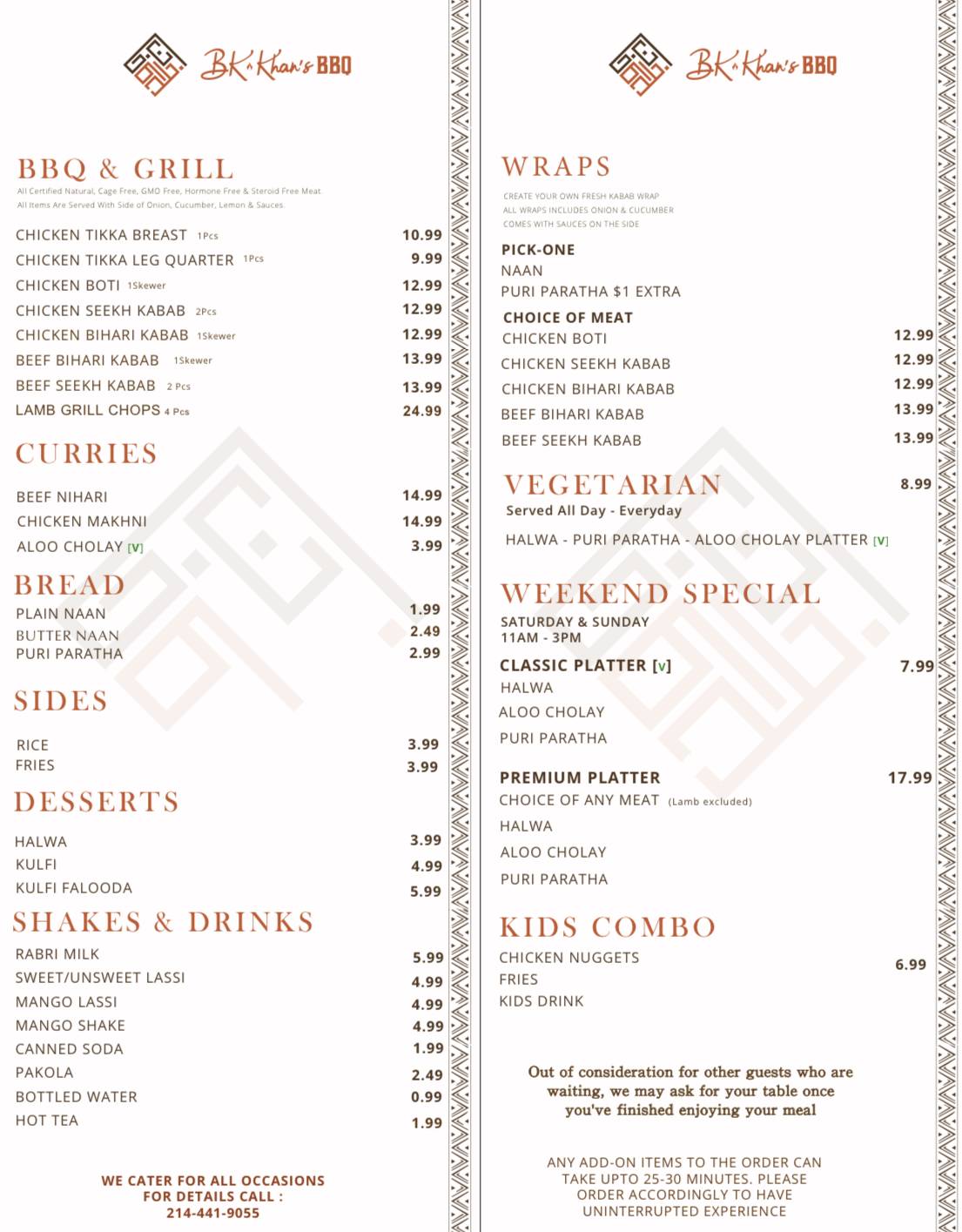 Menu at BK Khan BBQ, Farmers Branch
