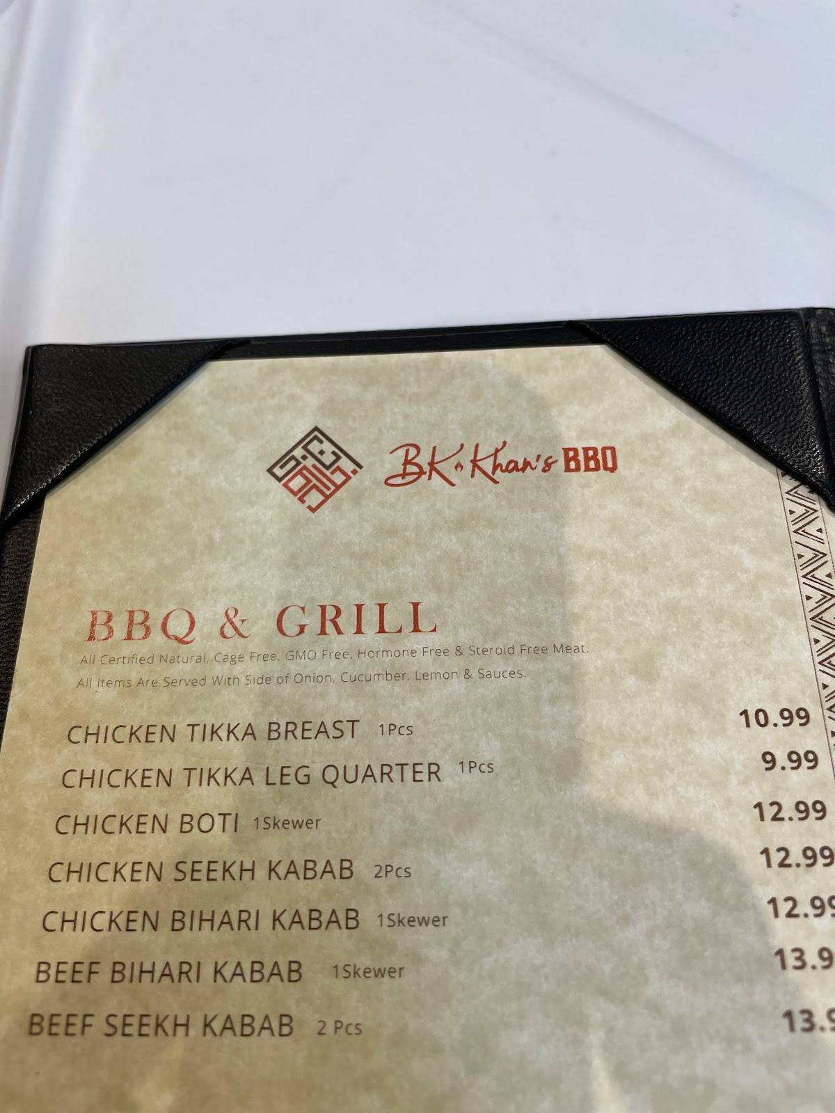 Menu at BK Khan BBQ, Farmers Branch